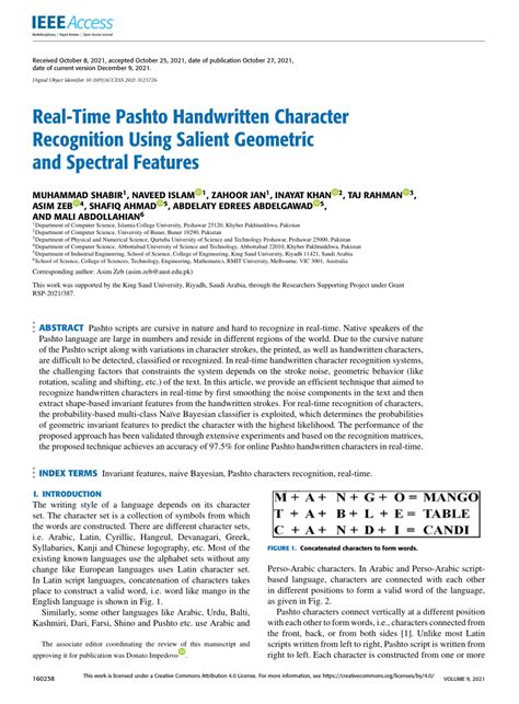 Pdf Real Time Pashto Handwritten Character Recognition Using Salient Geometric And Spectral