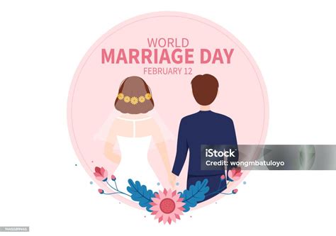 2월 12일 세계 결혼의 날 평면 만화 손으로 그린 템플릿 일러스트레이션에서 파트너의 아름다움과 충성도를 강조하는 사랑의 상징 신랑 결혼식 역할에 대한 스톡 벡터 아트 및
