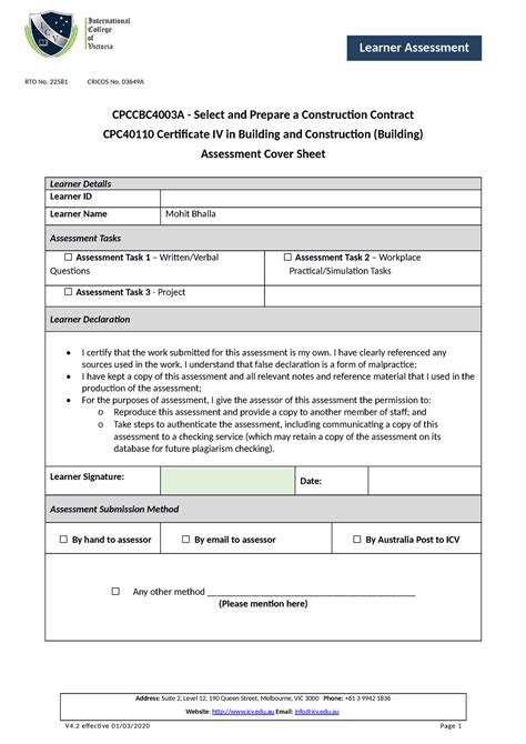 Cpccbc 4003a Learner Assessment V4 Rto No 22581 Cricos No 03649a Cpccbc4003a Select And