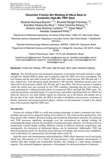 Pdf Dissimilar Friction Stir Welding Of Hsla Steel To Austenitic High Mn Trip Steel