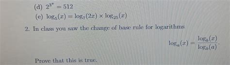solved d 23x 512 e log5 x log7 2x ×log25 x 2 ﻿in class