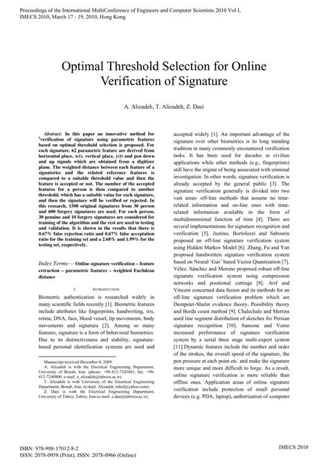 Pdf Optimal Threshold Selection For Online Verification Of Signature