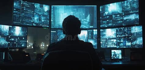 High Tech Security Control Room With Multiple Digital Screens Stock