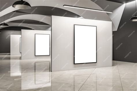 콘크리트 벽과 바닥 빈 모의 배너 갤러리 개념 3d 렌더링이 있는 현대적인 전시실 내부 프리미엄 사진