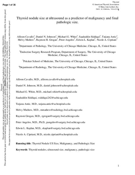 Thyroid Nodule Size At Ultrasound As A Predictor Of Malignancy And Final Pathologic Size