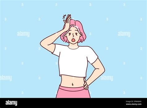 Forgetful Shocked Girl Clutching Head Opens Mouth Wide Remembering