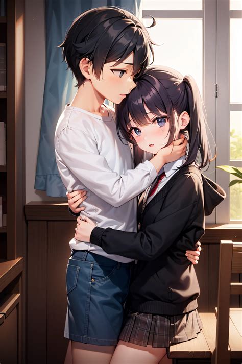 Anime Couple Hugging In A Room With A Window And A Table Seaart Ai