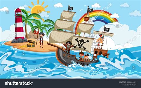 Beach Pirate Ship Daytime Scene Cartoon Stock Vector Royalty Free