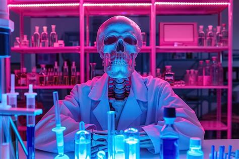 Skeleton Scientist In Lab With Neon Lights Doing Experiments Premium