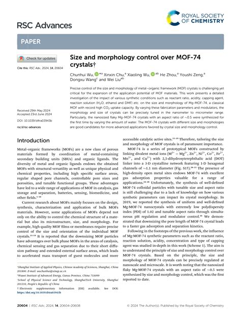 Pdf Size And Morphology Control Over Mof 74 Crystals