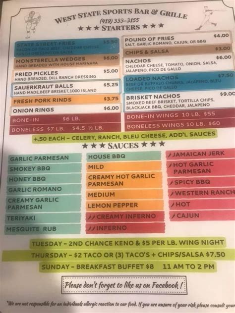 Menu At West State Street Bar And Grill Fremont