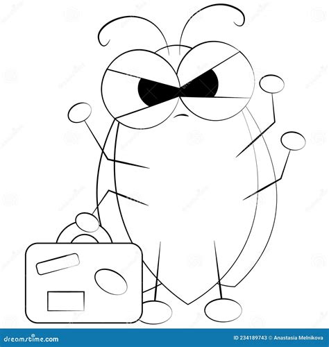 Cute Cartoon Cockroach With Suitcase Draw Illustration In Black And