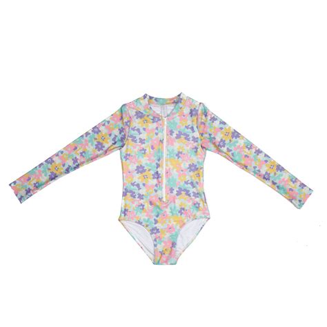 Girls Floral Long Sleeve Swimsuit With Zip Olga Valentine Swimwear