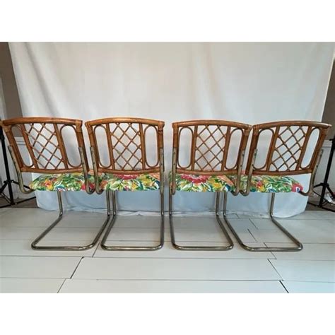 1970s Vintage Bamboo And Rattan Trellis Table With 4 Cantilever Chairs