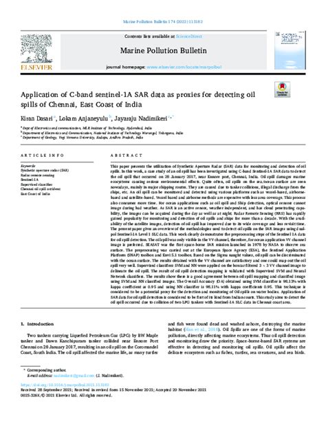 Pdf Application Of C Band Sentinel 1a Sar Data As Proxies For Detecting Oil Spills Of Chennai