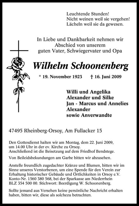 Traueranzeigen Von Wilhelm Schoonenberg Trauer In Nrwde