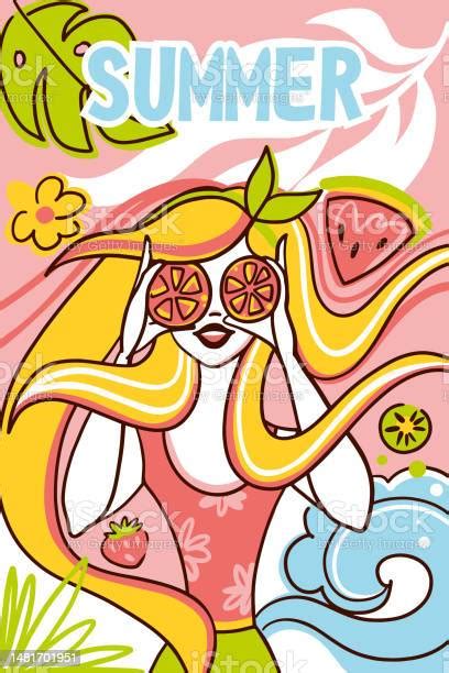 손에 과일을 들고 해변에 있는 쾌활한 소녀 안녕하세요 여름입니다 여름 그림입니다 공휴일에 대한 스톡 벡터 아트 및 기타 이미지