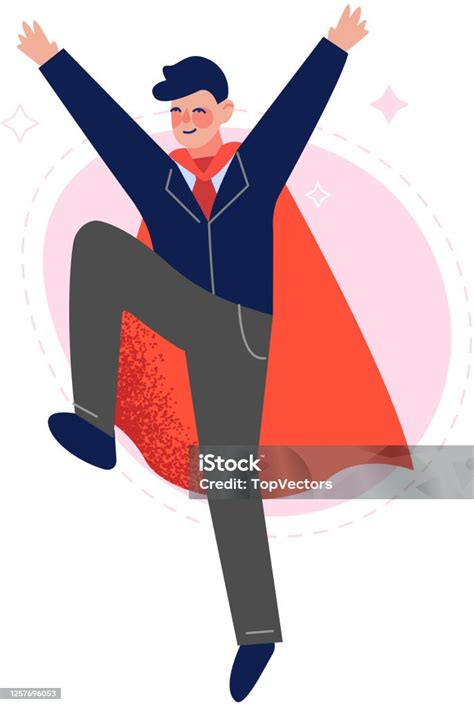 레드 케이프의 슈퍼 맨 성공적인 슈퍼 히어로 비즈니스 인물 캐릭터 리더십 도전 목표 성취 벡터 일러스트 개념에 대한 스톡 벡터 아트 및 기타 이미지 Istock