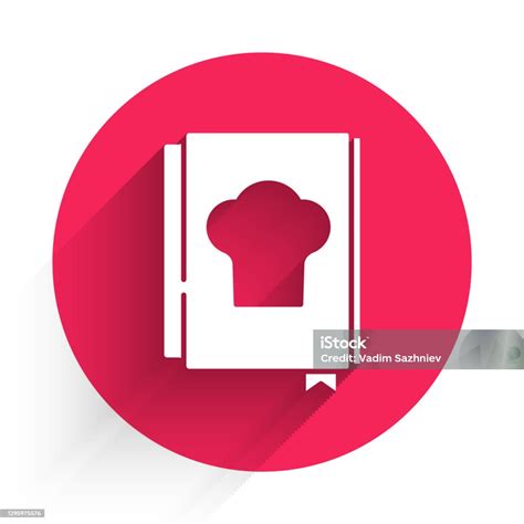 긴 그림자로 격리 된 화이트 쿡북 아이콘 요리 책 아이콘 레시피 북 포크와 칼 아이콘 칼 붙이 기호 빨간색 원 버튼입니다 벡터 개념에 대한 스톡 벡터 아트 및 기타 이미지