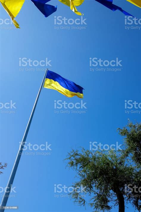 우크라이나어 플래그입니다 노란색파란색 우크라이나어는 Dnipro에 하늘에 대 한 플래그입니다 우크라이나의 독립 날입니다 태양의