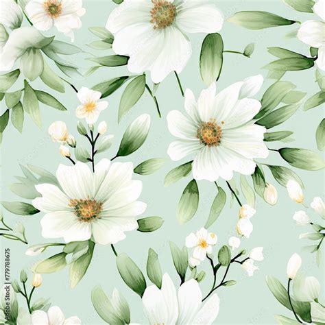 Watercolor Sage Green Floral Seamless Pattern Background Stock