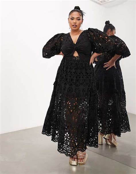 Asos Edition Curve Broderie Twist Front Midi Dress With Puff Sleeve In
