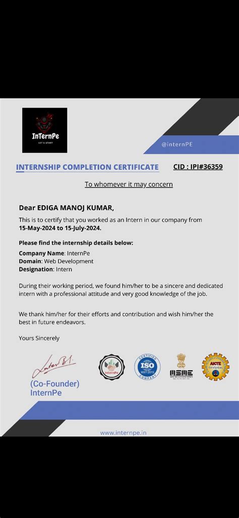 Manoj Kumar Gowda On Linkedin Internship Certification