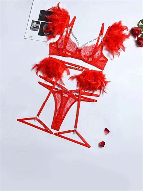 1set Yimunancy 3 Piece Feather Decorated Lace Exotic Sexy Lingerie Set