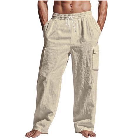 Casual Linen Cargo Pants For Mens Loose Fit Elastic Drawstring Waist