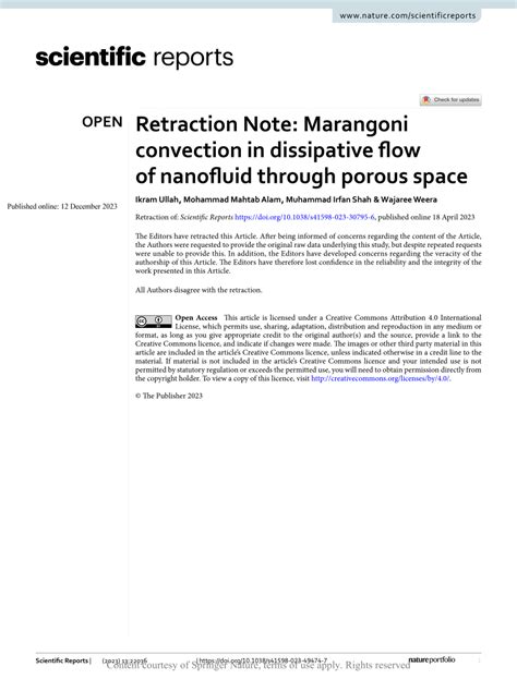 Pdf Retraction Note Marangoni Convection In Dissipative Flow Of