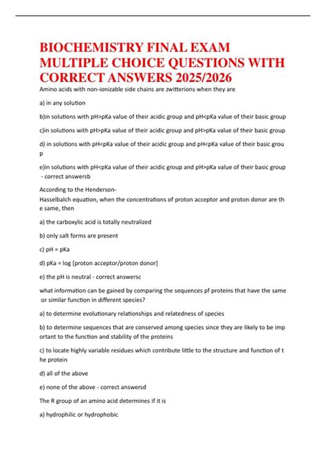 Biochemistry Final Exam Multiple Choice Questions With Correct Answers