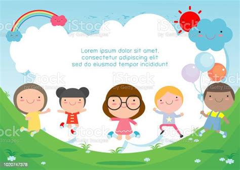 아이 들 놀이터에서 점프 기쁨 행복 한 만화 아이 아이에 배경 광고 안내 책자에 대 한 서식 파일 텍스트 아이 프레임 연주와 프레임 벡터 일러스트 레이 션 어린이 점프