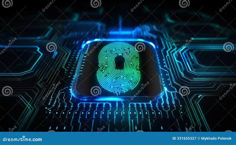 Abstract Cyber Fingerprint Hologram In Neon Lights Neural Network Ai Generated Stock Image