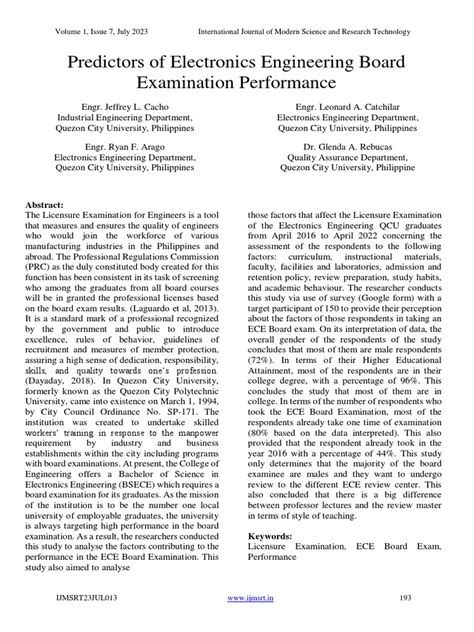 Predictors Of Electronics Engineering Board Examination Performance