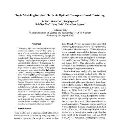 Topic Modeling For Short Texts Via Optimal Transport Based Clustering Acl Anthology