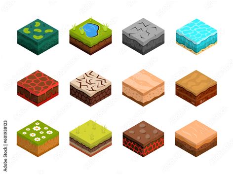 3d Isometric Ground Soil Surface Grass Lawn Dirt And Lava Game
