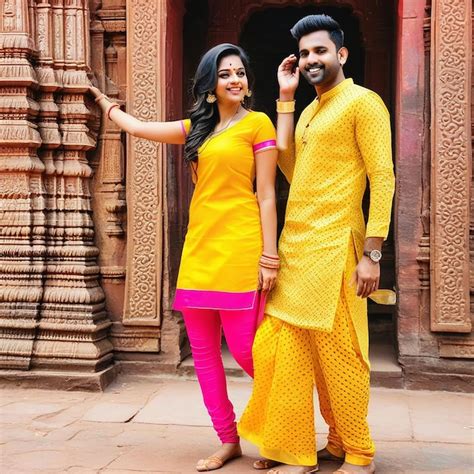 Holi Jugando En Templos Indios Pareja Rojo Verde Kurta Pejama Saree Indio En Chica Hindú Foto