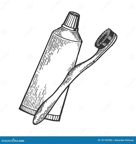 Toothbrush And Toothpaste Engraving Style Vector Stock Vector