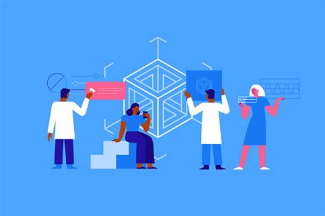 캐릭터와 평면 만화 간단한 스타일의 벡터 일러스트 빅 데이터 과학 및 가상 미래 인터페이스 개발 개념 팀워크 및 관리 3d 스캔에 대한 스톡 벡터 아트 및 기타 이미지