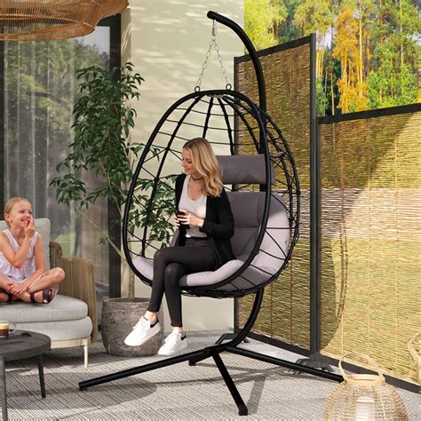 Outsunny Grey Hanging Egg Chair With Folding Basket Homebase