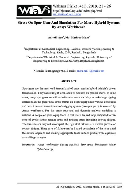 Pdf Stress On Spur Gear And Simulation For Micro Hybrid Systems By Ansys Workbench