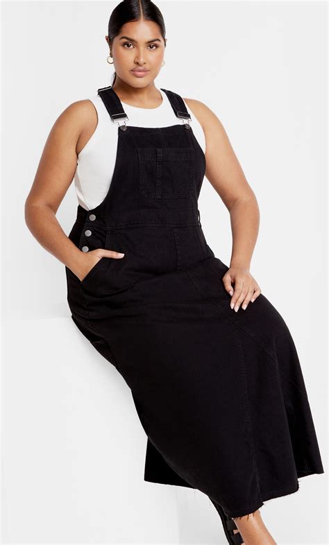 Womens Plus Size Pinafore Black Wash Maxi Dress