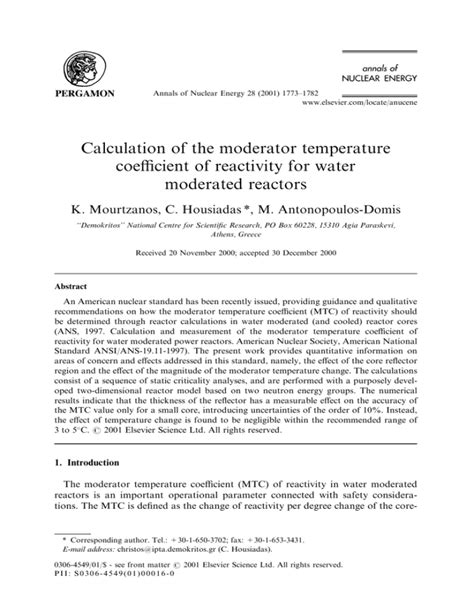 Calculation Of The Moderator Temperature Coefficient Of Reactivity For