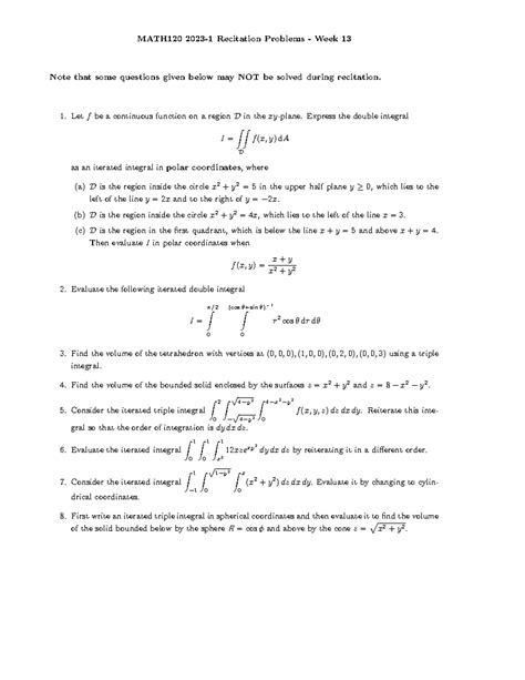 Week13 MATH120 2023 1 Recitation Problems Week 13 Note That Some