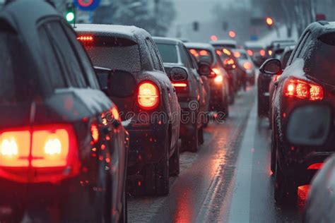 Modern Cars Are Stuck In A Traffic Jam In Winter Stock Illustration