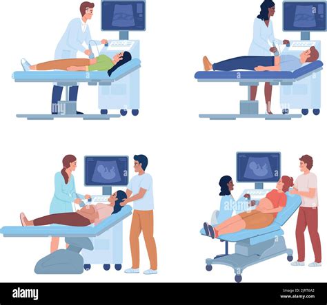 Ultrasound Examination Semi Flat Color Vector Characters Set Stock