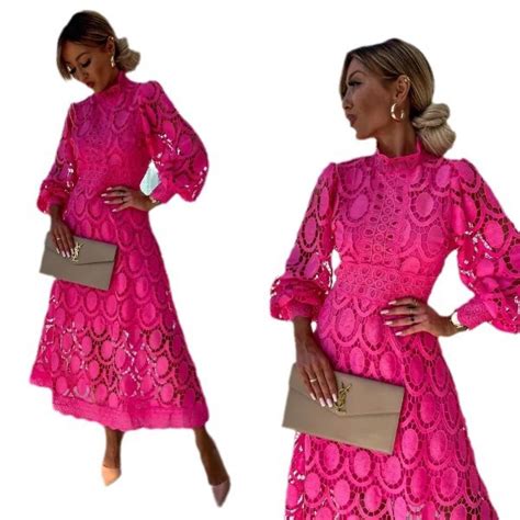 French Lace Hollow Dress Womens Hollow Stand Collar Dress Gsl Fruugo Uk