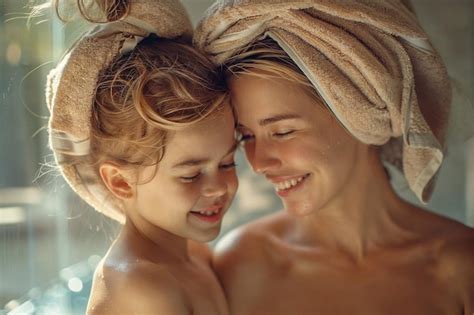 Premium Photo Joyful Mother And Daughter Wearing Towel Turbans Together