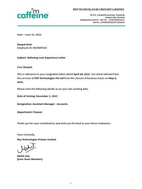 Deepal Shah Relieving Cum Experience Letter Signed Pdf