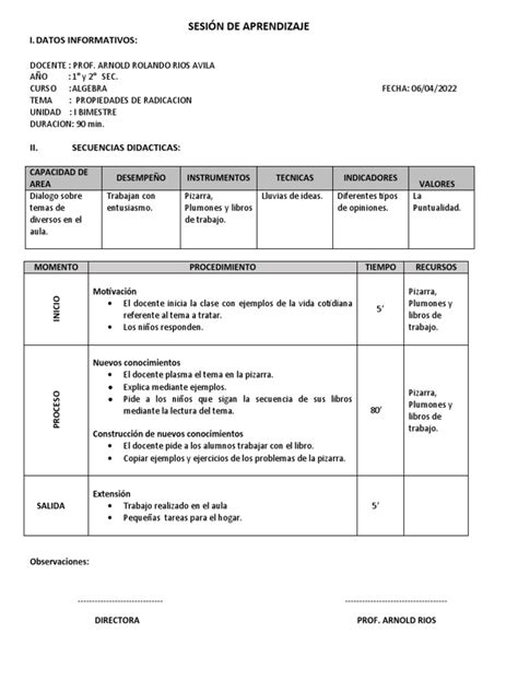 Sesion De Aprendizaje Radicacion Pdf Salón De Clases Psicología